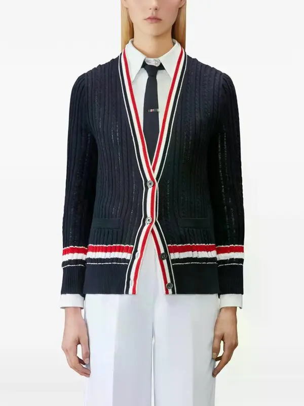 Thom Browne Rwb Stripe Ladder Cable Elongated Cardigan - Blue