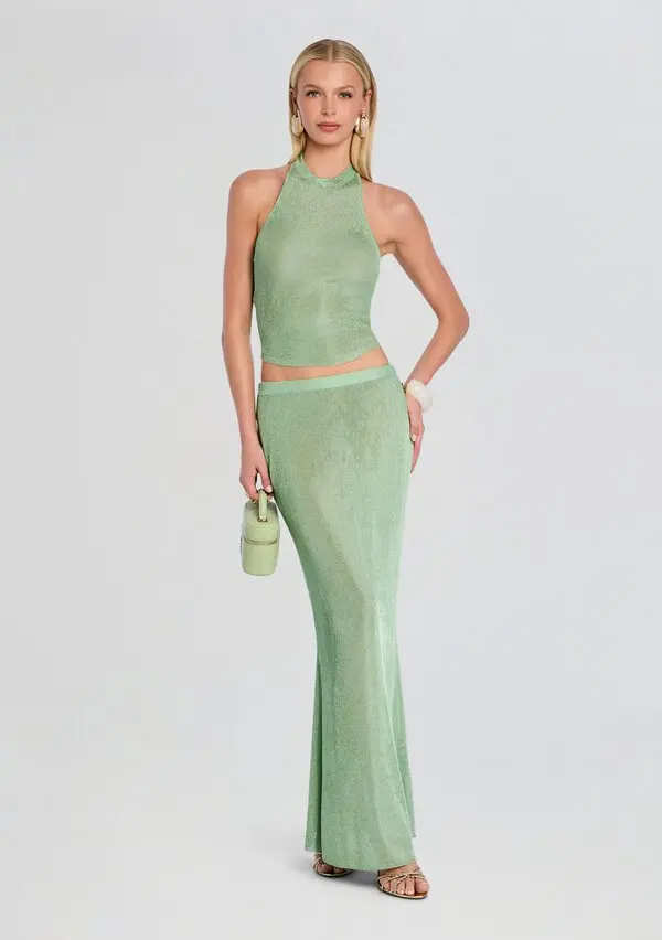 SEROYA Harmony Metallic Knit Skirt - Sage