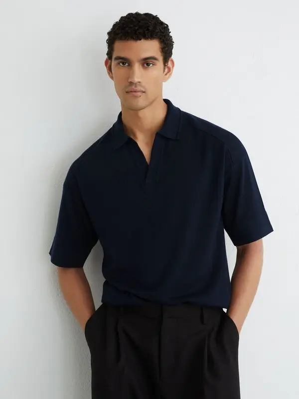 REISS Merino Wool Relaxed Polo Jumper - Navy