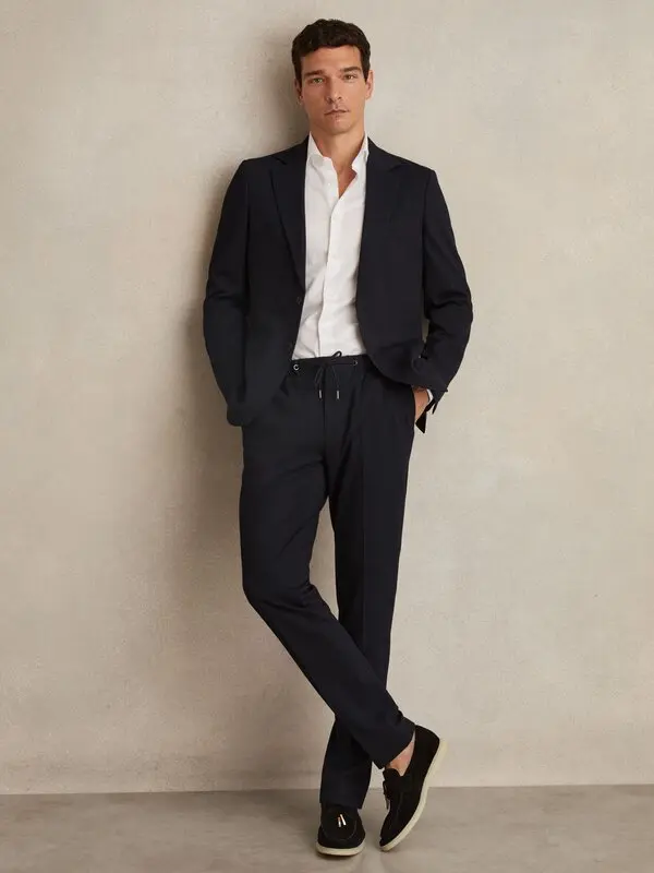 REISS Gerrard Tailored Fit Textured Jersey Suit Trousers - Navy