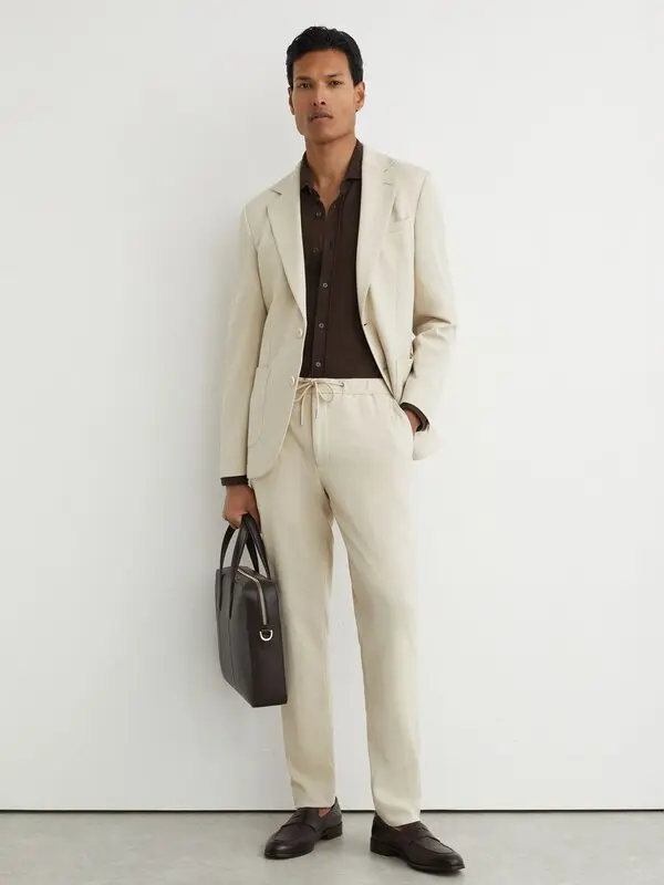 REISS Gerrard Tailored Fit Textured Jersey Drawstring Suit Trousers