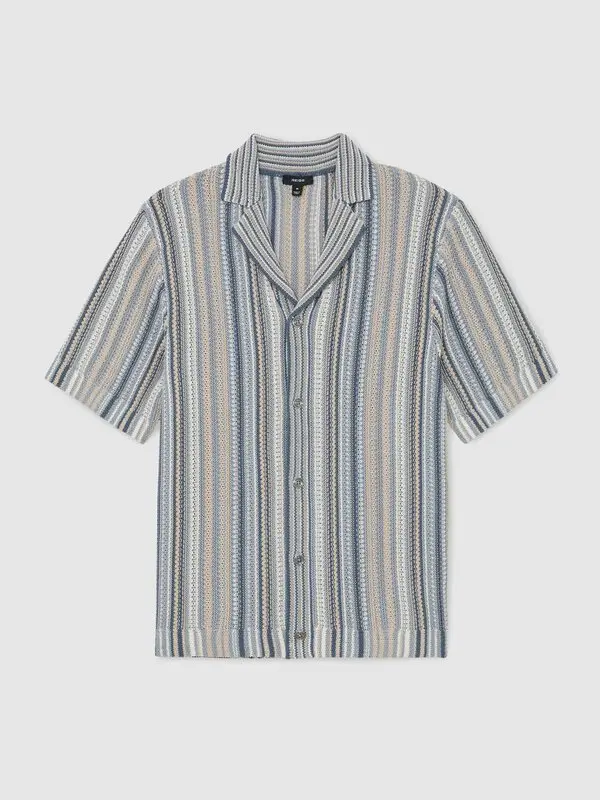 REISS Caden Textured-knit Stripe Cuban-collar Shirt - Blue/camel