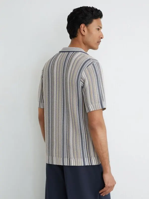 REISS Caden Textured-knit Stripe Cuban-collar Shirt - Blue/camel