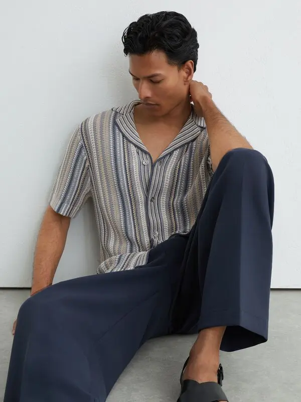 REISS Caden Textured-knit Stripe Cuban-collar Shirt - Blue/camel