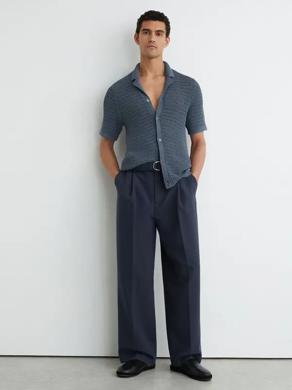 REISS Buzzard Open-knit Button-through Shirt - Airforce Blue