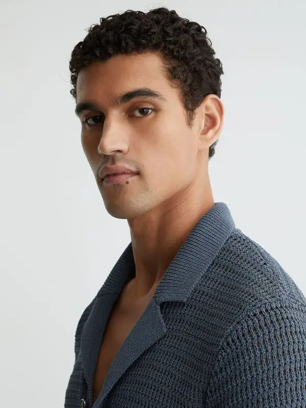 REISS Buzzard Open-knit Button-through Shirt - Airforce Blue