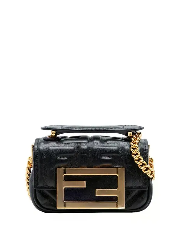 Fendi 2010-2026 Nano Zucca Embossed Leather Baguette Chain Bag Crossbody Bag - Black
