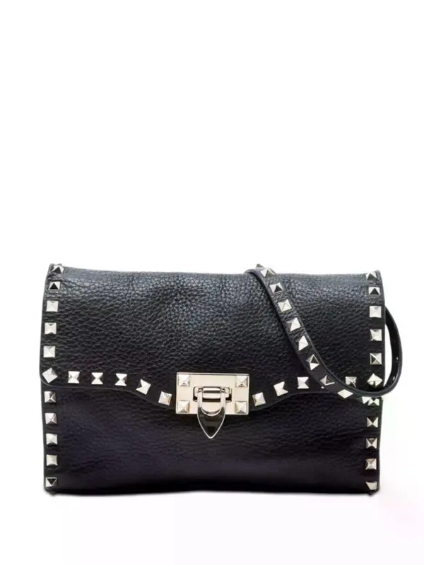 Valentino Garavani 2010-2025 Small Grainy Calfskin Rockstud Flap Crossbody Bag - Black