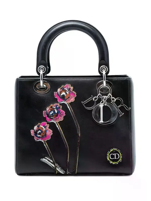 Dior 2016 Medium Embroidered Flower Lady Satchel - Black