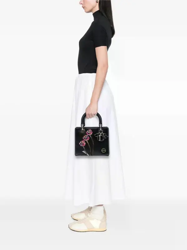 Dior 2016 Medium Embroidered Flower Lady Satchel - Black