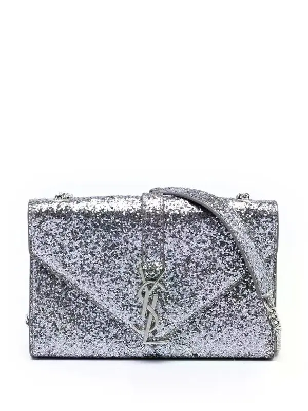 Saint Laurent Glitter Galactica Leather Monogram Envelope Chain Wallet - Silver