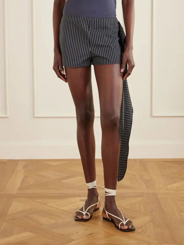 DEIJI STUDIOS Belted Striped Organic Cotton Shorts - Gray