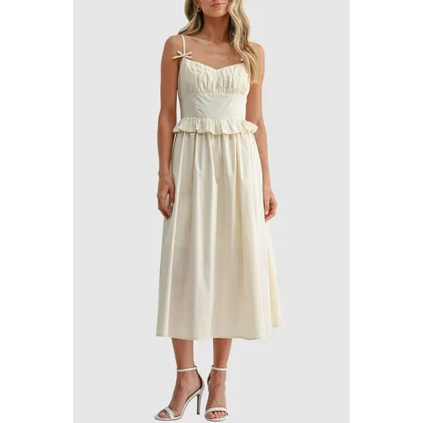 ALL IN FAVOR Cotton Midi Dress With Ruffle Waist - Ivory