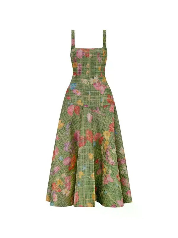 Lela Rose Floral-print Raffia Midi Dress