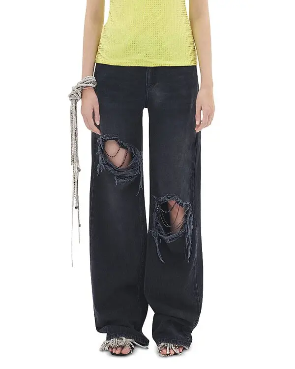 AREA Crystal Fray Relaxed Jeans - Washed Black