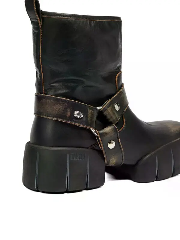 DIESEL® D-tex Leather Ankle Boots With Strap Detail - Black