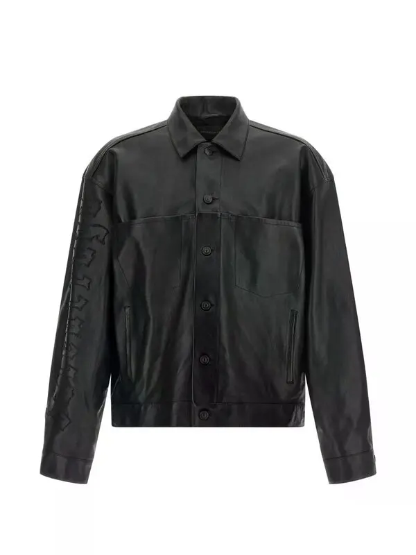Balenciaga Gothic Denim Embroidered Leather Shirt Jacket - Black