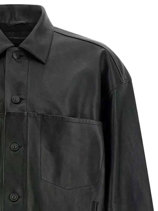 Balenciaga Gothic Denim Embroidered Leather Shirt Jacket