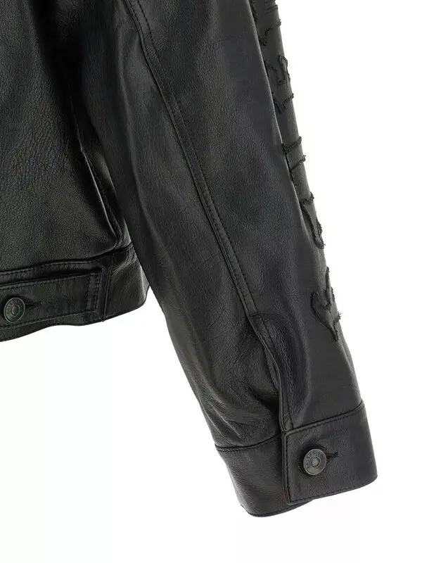 Balenciaga Gothic Denim Embroidered Leather Shirt Jacket