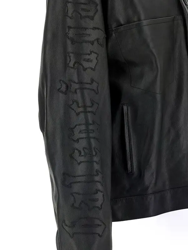 Balenciaga Gothic Denim Embroidered Leather Shirt Jacket