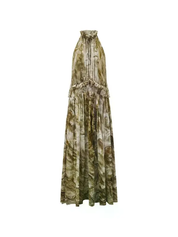 OUDE WAAG Marble-print Ruffled Dress - Green
