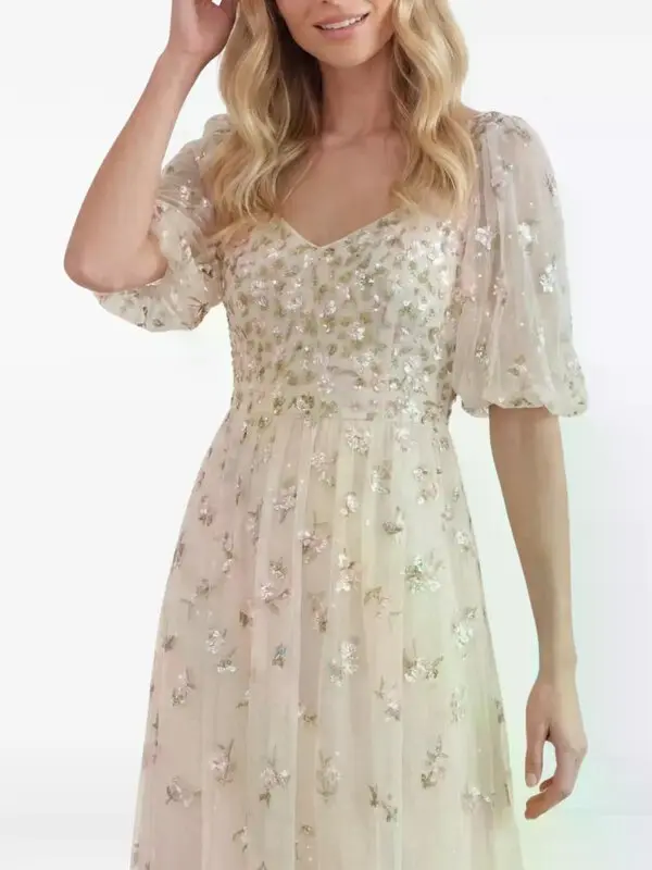 NEEDLE & THREAD Meadow Ditsy Embroidered Gown - Neutrals