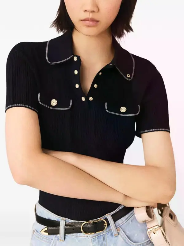 Maje Ribbed Polo Top With Contrast Trim And Flap Pockets - Black