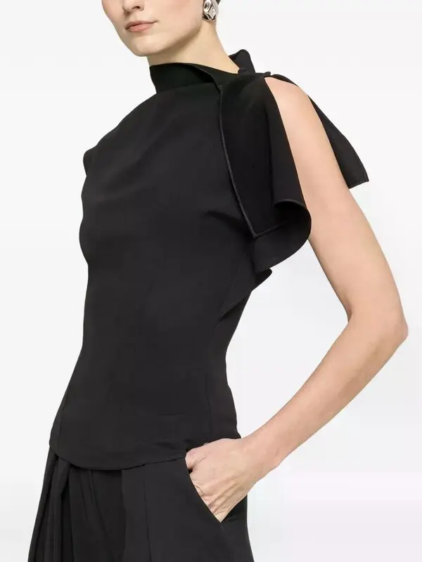 NISSA High Neck Ruffle Detail Asymmetrical Top - Black