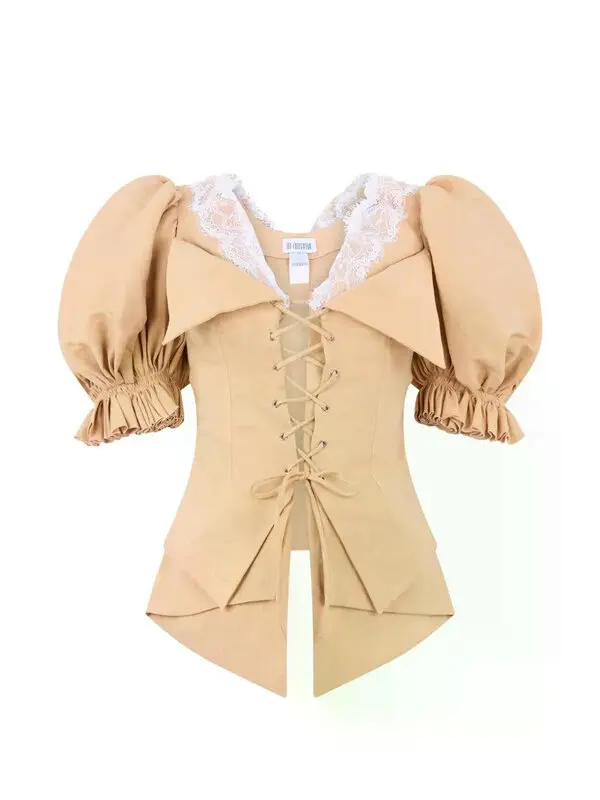 LES FILLES D'EVA Lace-trimmed Puff-sleeve Top