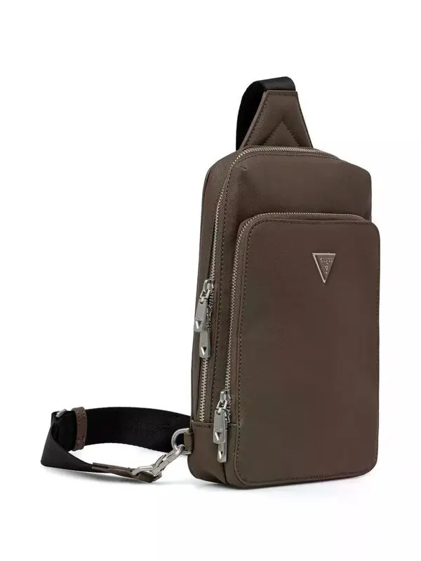 Guess Milano Crosshatch-texture Shoulder Bag With Logo Plaque - Brown