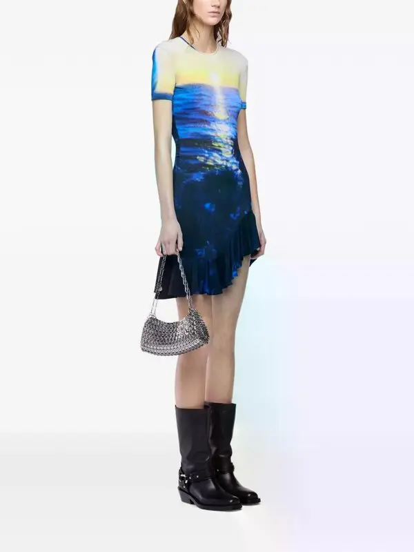 Rabanne Sunset-print Mini Dress With Ruffled Trim - Blue