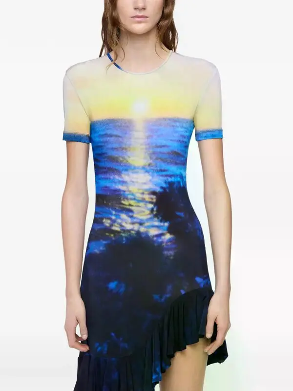 Rabanne Sunset-print Mini Dress With Ruffled Trim - Blue