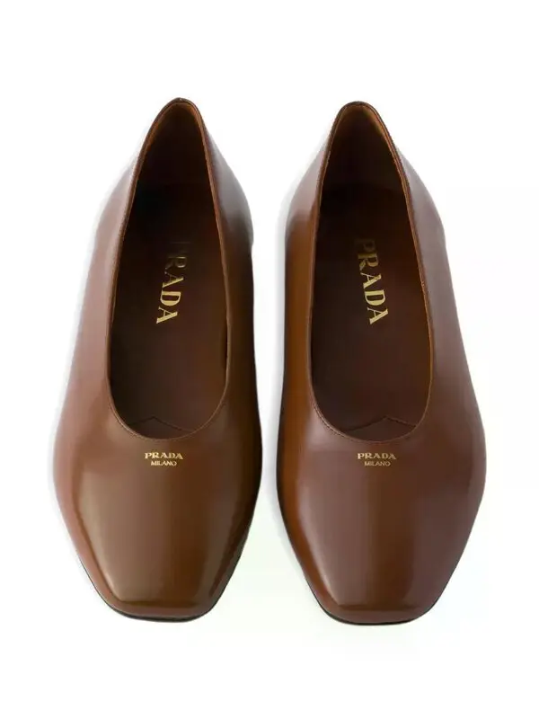 Prada Brushed Leather Square Toe Ballerinas - Brown