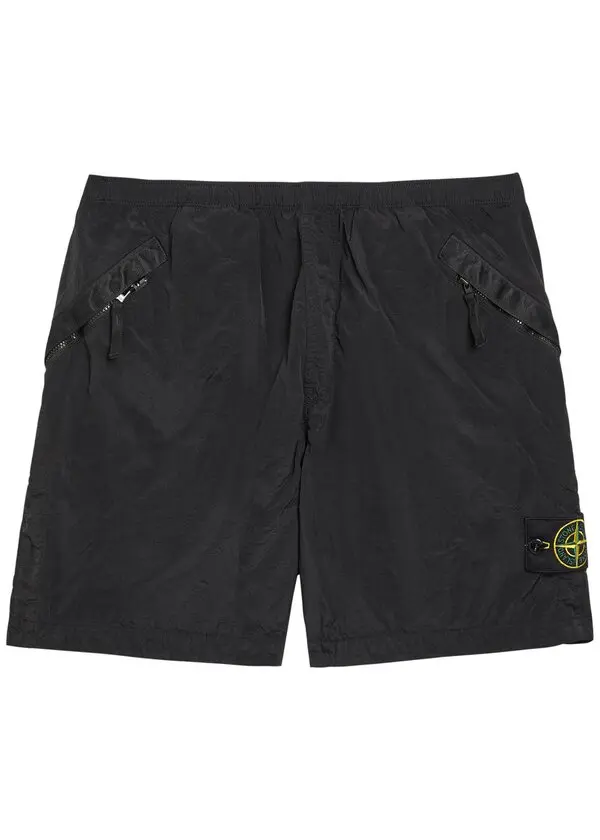 Stone Island Crinkled Nylon Logo Shorts - Black