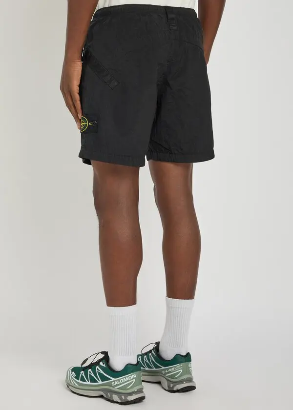Stone Island Crinkled Nylon Logo Shorts - Black