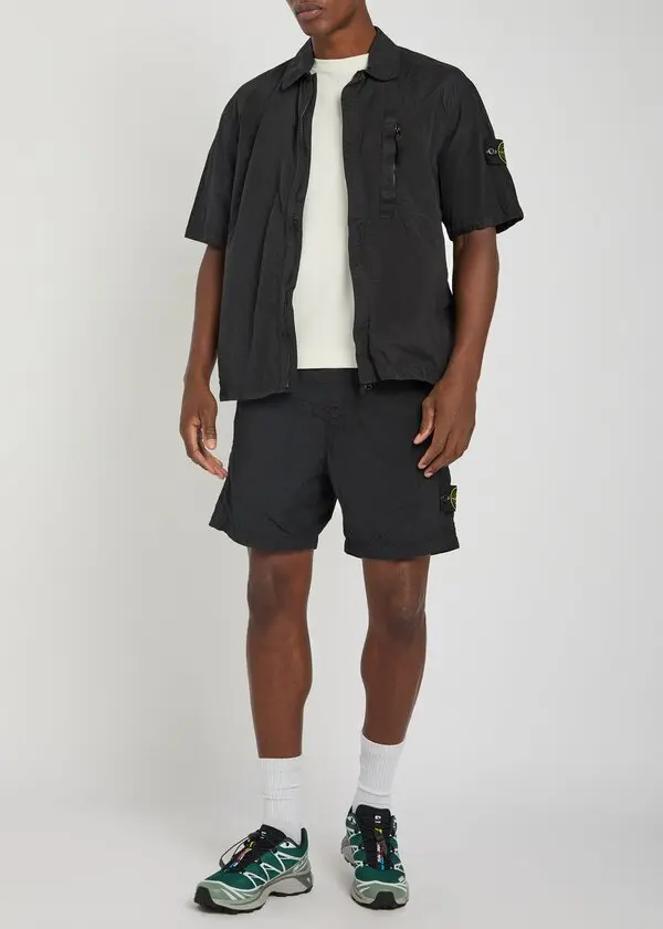 Stone Island Crinkled Nylon Logo Shorts - Black