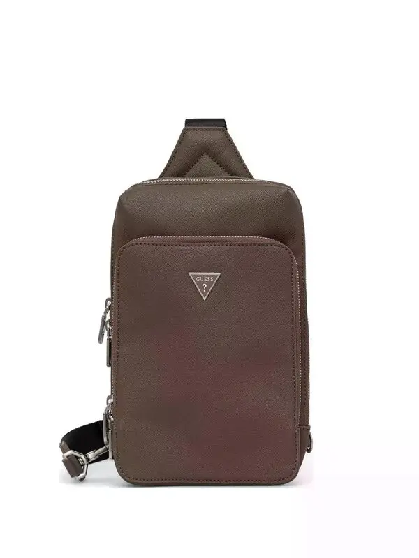Guess Crosshatch-texture Shoulder Bag With Logo Plaque - Brown