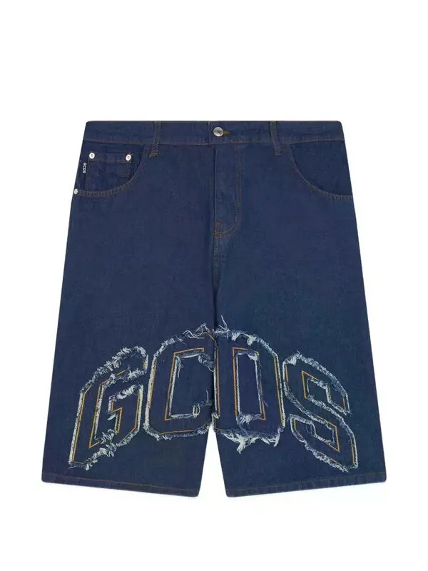 Gcds Frayed Logo Patch Denim Shorts - Blue