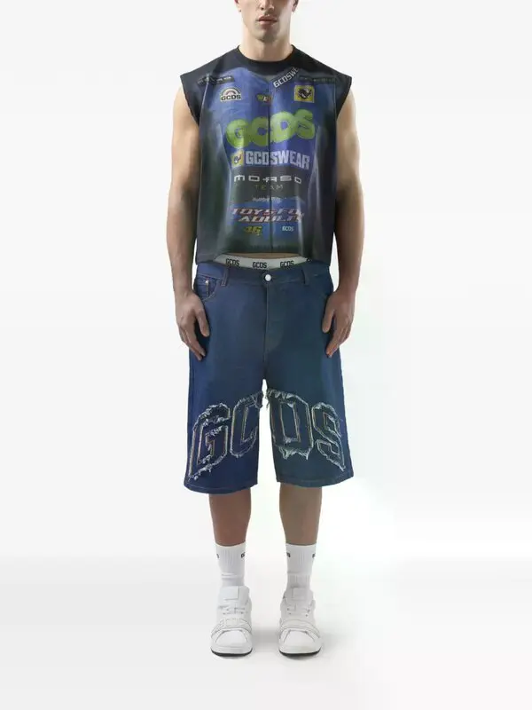 Gcds Frayed Logo Patch Denim Shorts - Blue