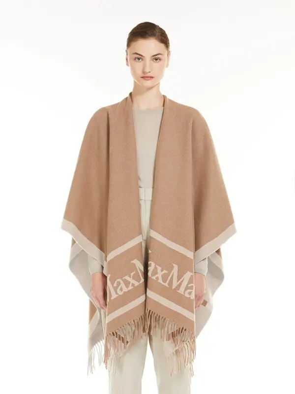 Max Mara Jacquard Wool Poncho With Fringe - Camel