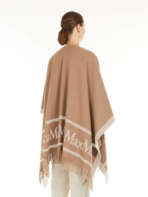 Max Mara Jacquard Wool Poncho With Fringe - Camel