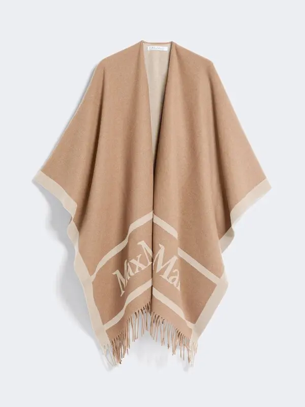 Max Mara Jacquard Wool Poncho With Fringe - Camel