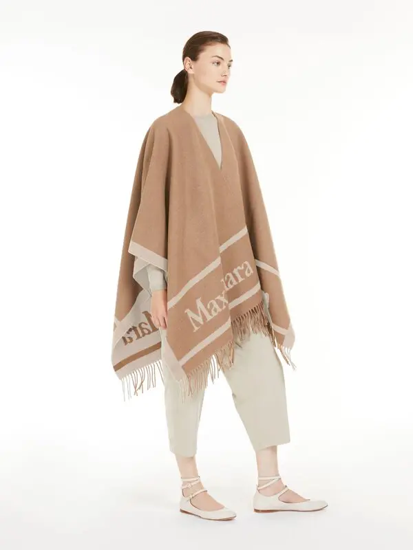 Max Mara Jacquard Wool Poncho With Fringe - Camel