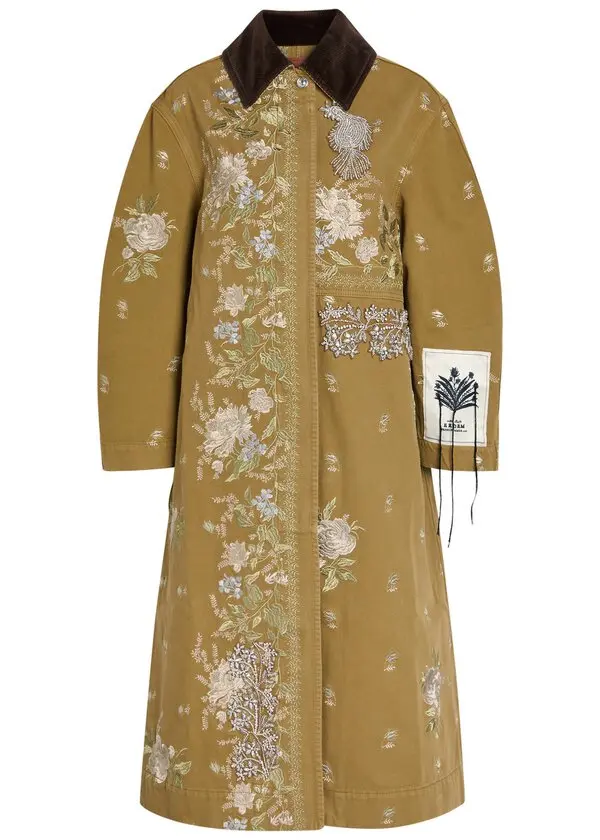 Erdem Embroidered And Embellished Denim Overcoat - Camel