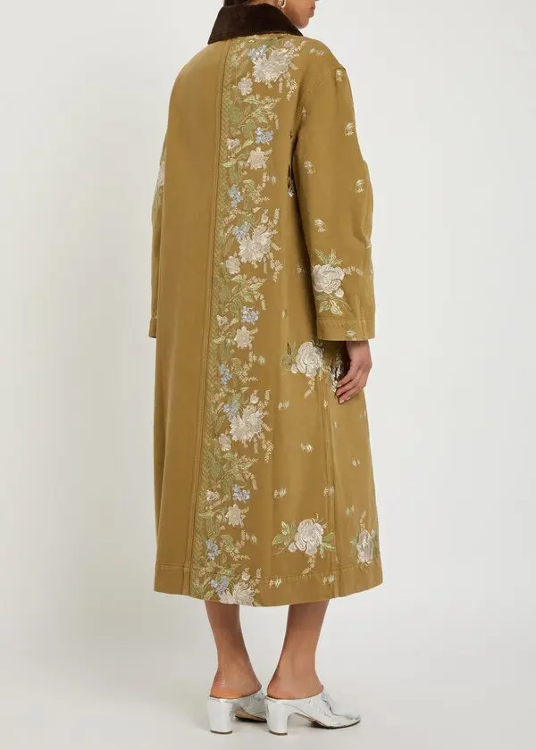 Erdem Embroidered And Embellished Denim Overcoat - Camel