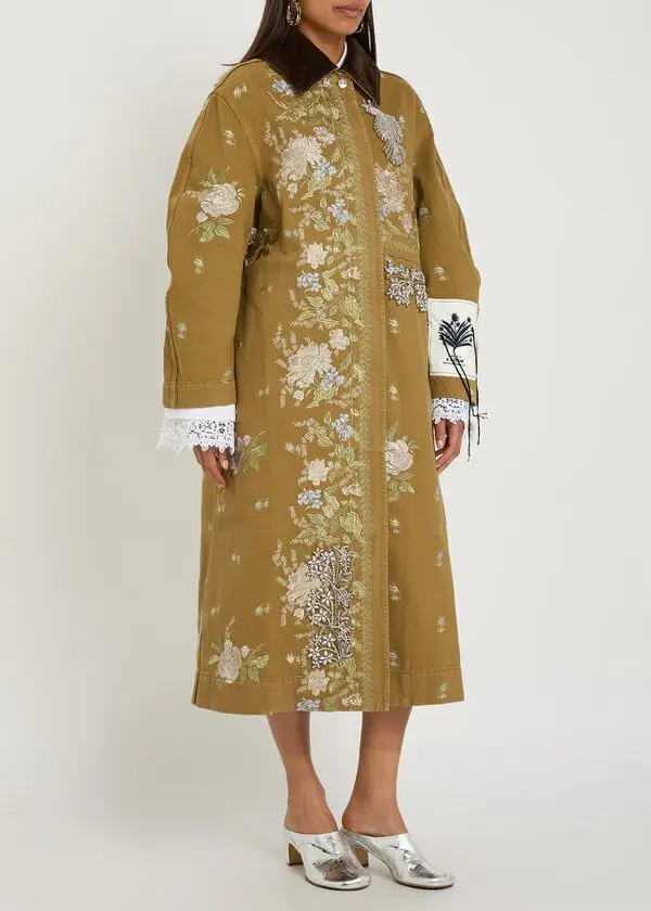 Erdem Embroidered And Embellished Denim Overcoat - Camel