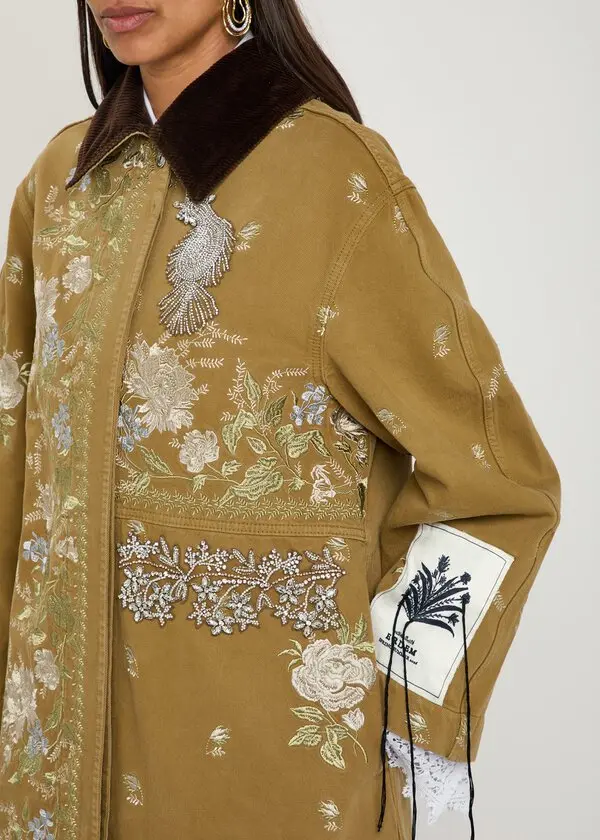 Erdem Embroidered And Embellished Denim Overcoat - Camel