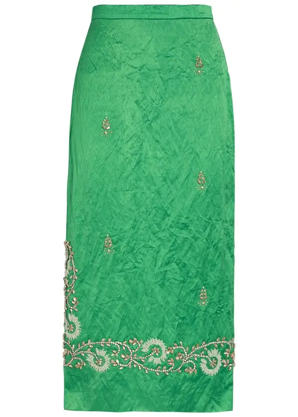 Erdem Embellished Crinkled Satin Midi Pencil Skirt - Green