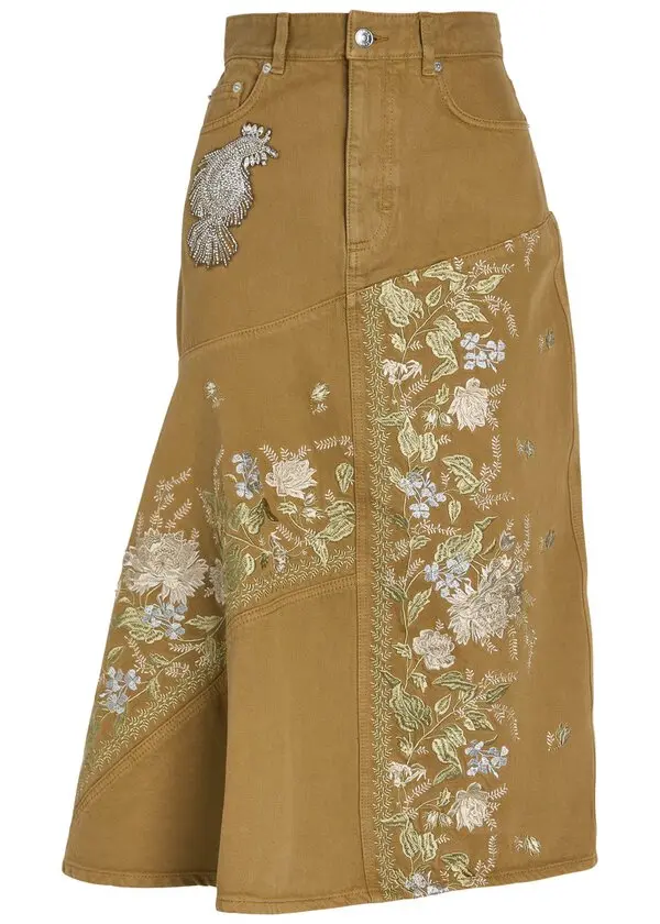 Erdem Embroidered Denim Midi Skirt