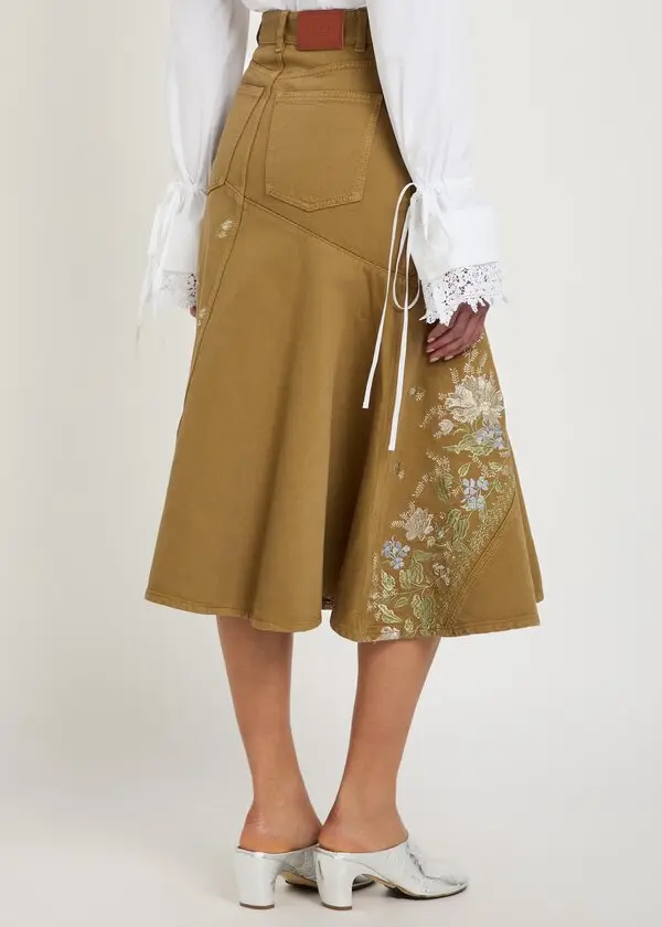 Erdem Embroidered Denim Midi Skirt